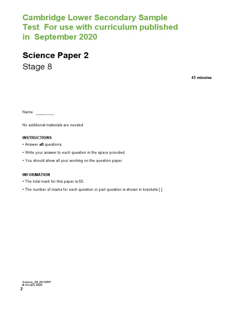 Stage 8 Science Sample Test Paper 2 | PDF | Neutron | Chemical Reactions