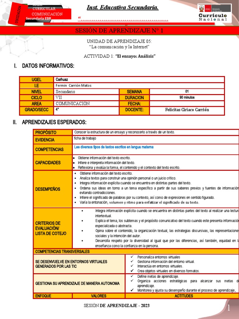 4º Com Ses 1 Un 5 Sem 01 - 2023 | PDF | Maestros | Aprendizaje