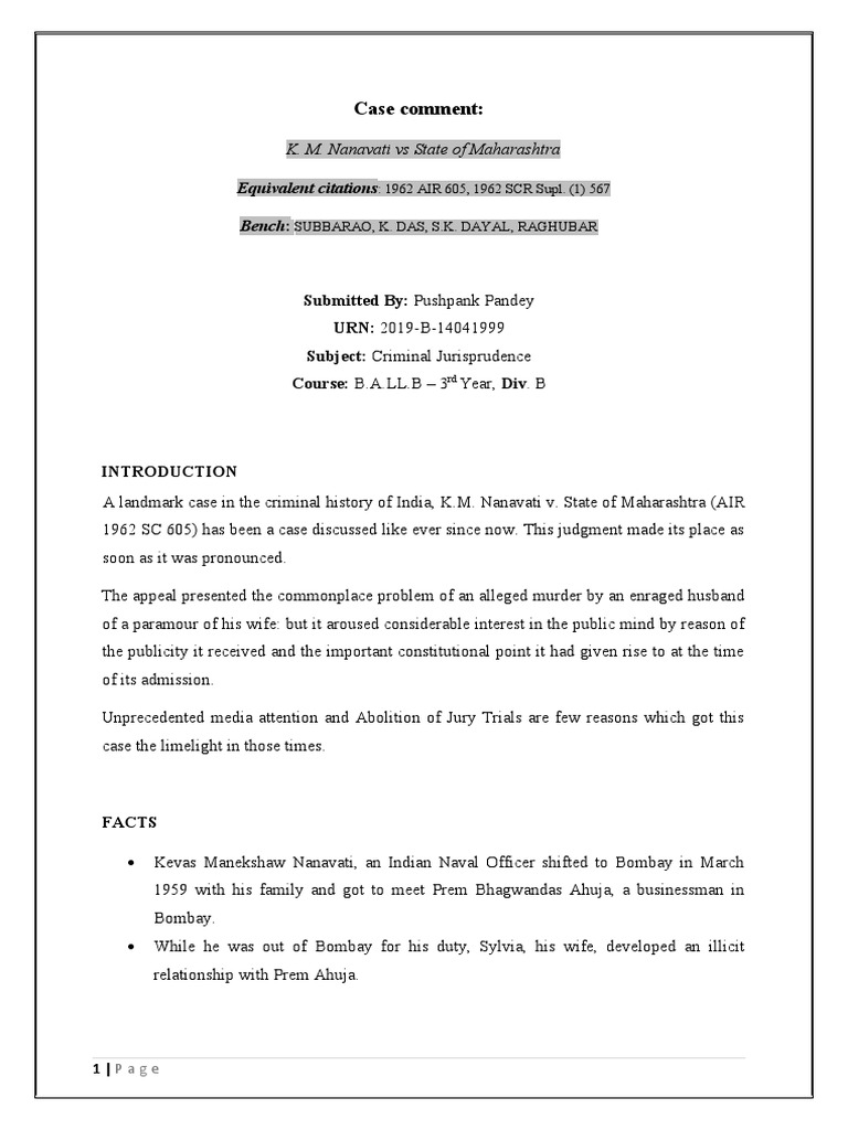 K.M Nanavati v. State of Maharashtra | PDF | Criminal Procedure In ...