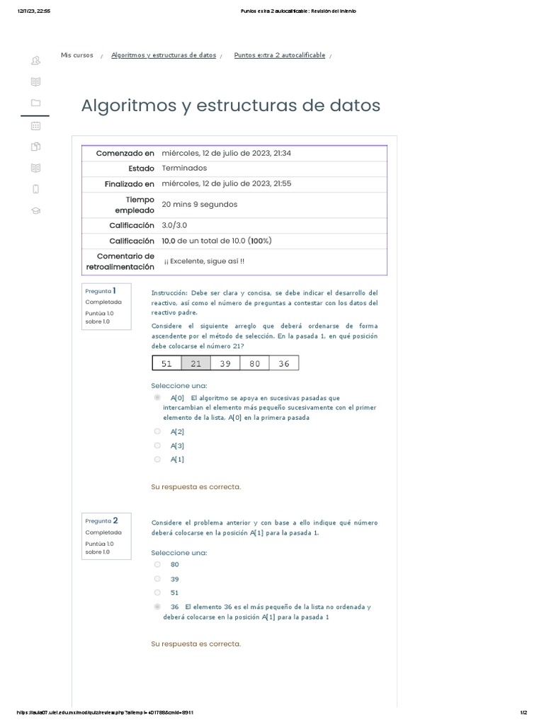Puntos Extra 2 Autocalificable - Revisión Del Intento | PDF | Matemáticas Aplicadas | Algoritmos ...