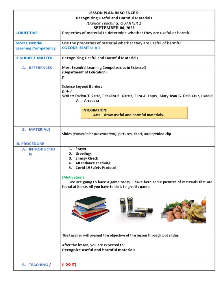 Science 5 Lesson Plan Quarter 1 Lesson 1 Useful and Harmful Materials | PDF