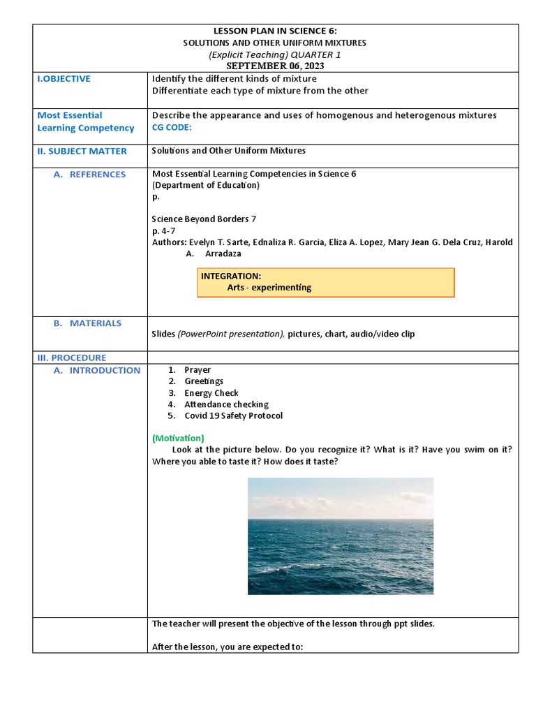Science 6 Lesson Plan Quarter 1 Lesson Uniform Mixtures | PDF