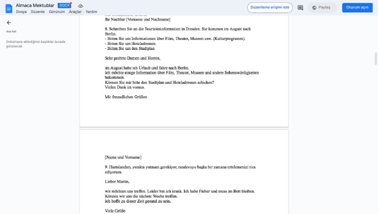 Almaca Mektublar - Docx - Google Dokümanlar | PDF