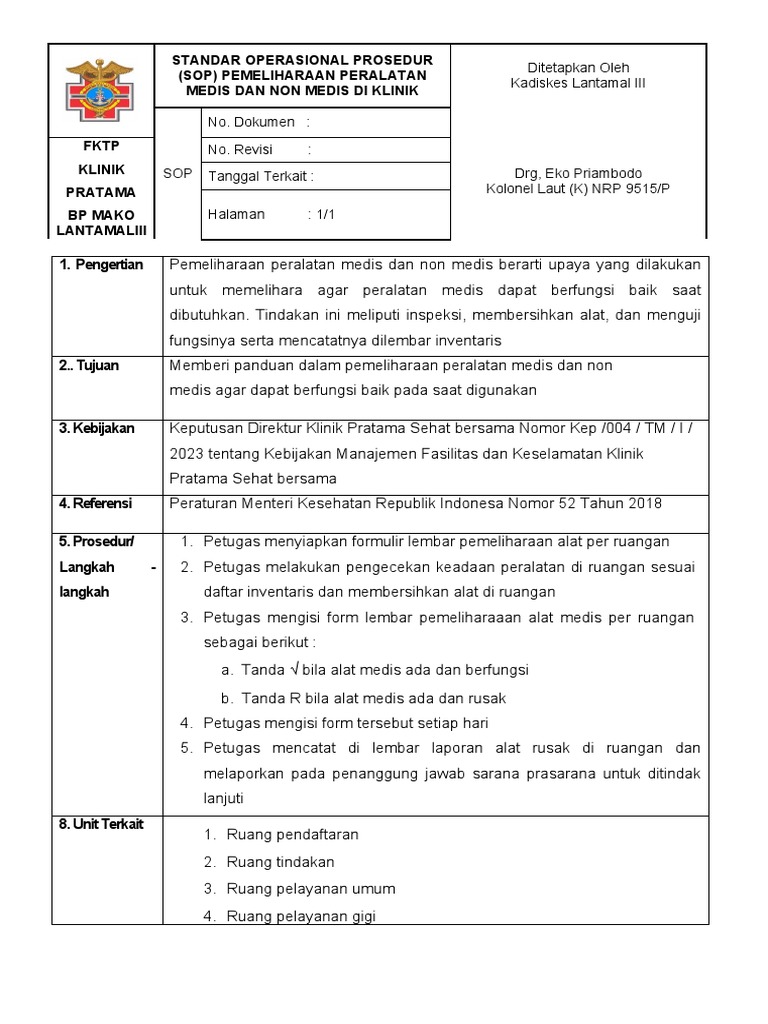 Sop Akreditasi Pemeliharaan Peralatan Medis Dan Non Medis BP Mako | PDF