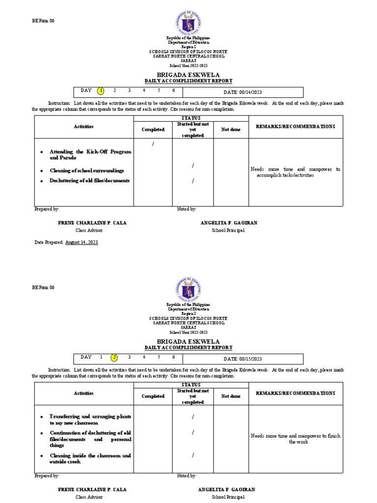 BE Form 6 DAILY ACCOMPLISHMENT REPORT | PDF
