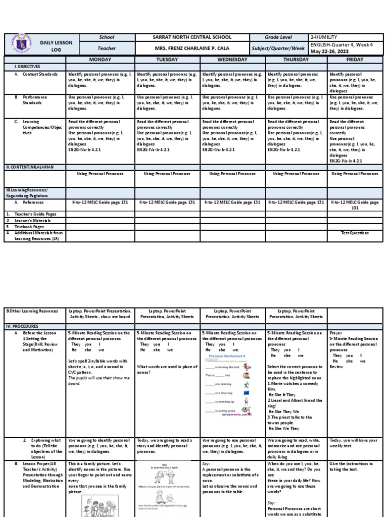 DLL English-2 Q4W4 | PDF | Noun | Pronoun