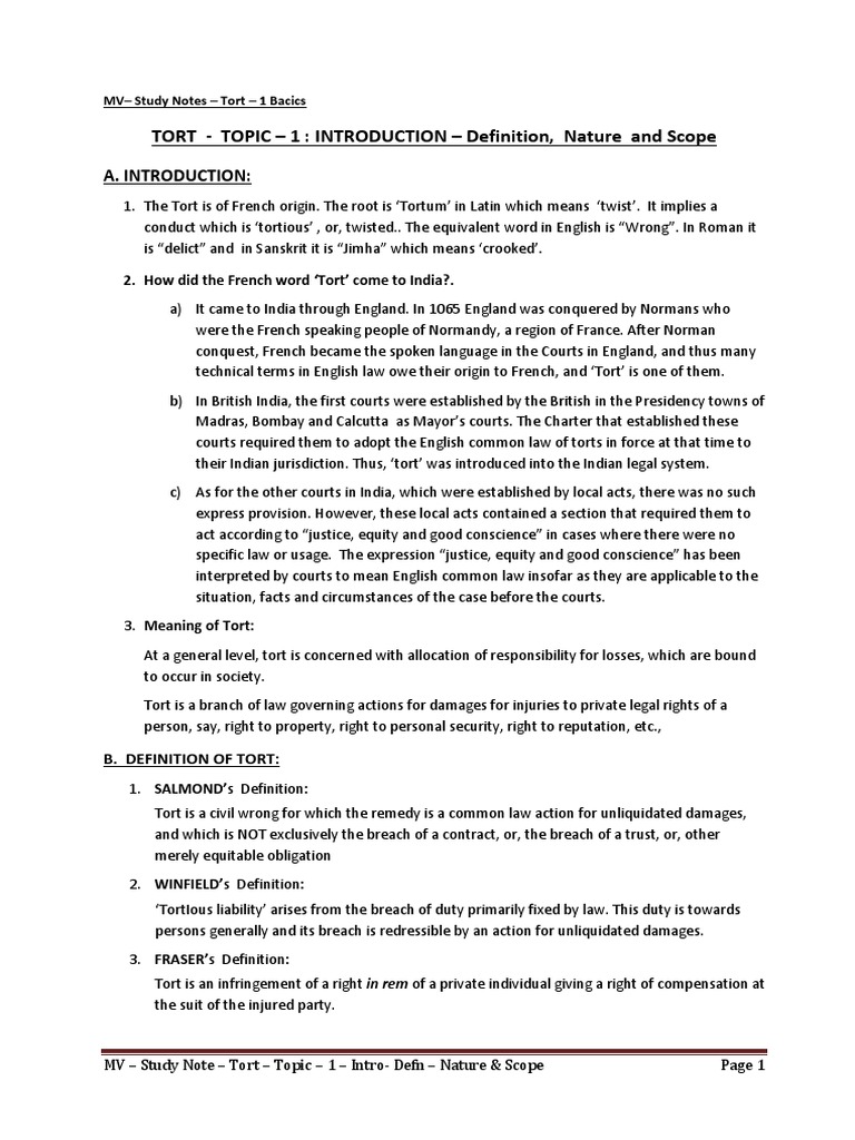 TORT - TOPIC - 1 INTRODUCTION - Definition, Nature and Scope | PDF