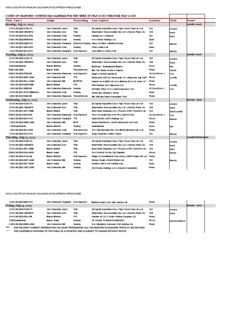 Court of Chancery Calendar For The Week of July 10 2023 Through July 14 ...