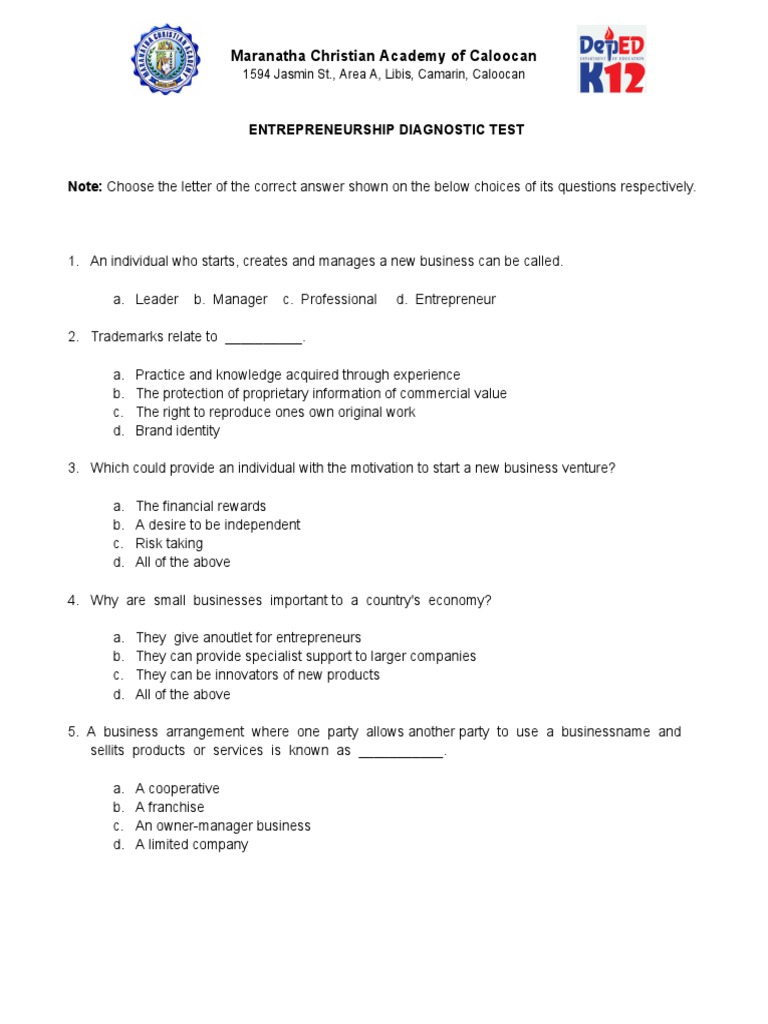 Entrepreneurship Diagnostic Test | PDF | Entrepreneurship | Financial ...
