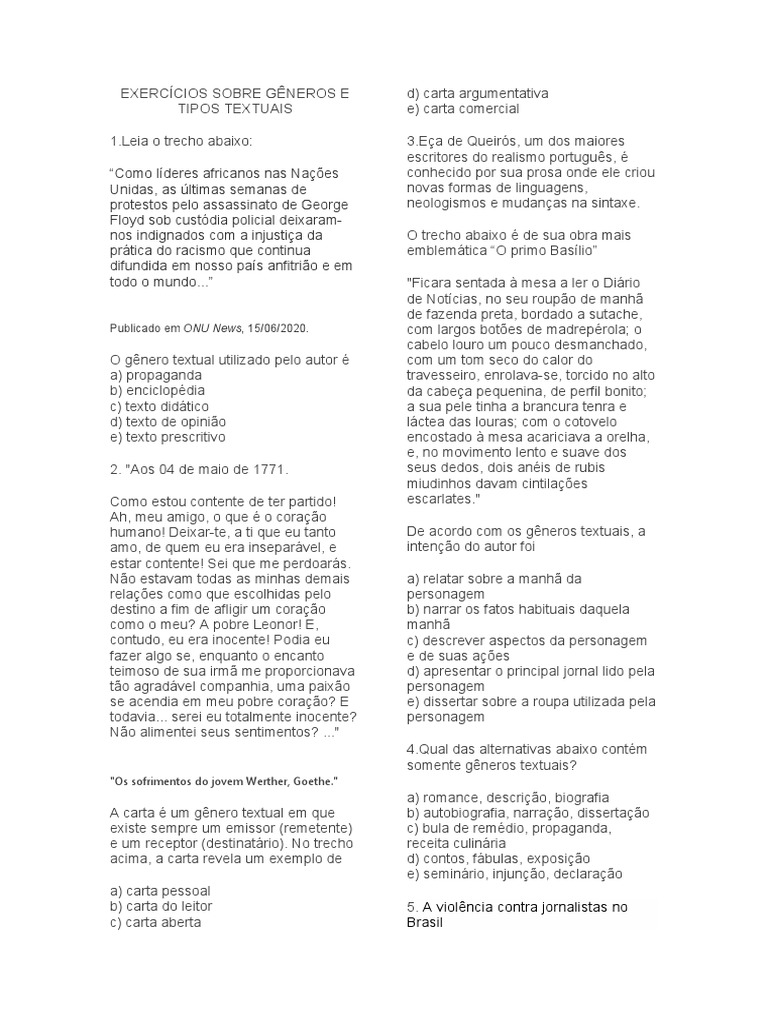 ExercĂcios Sobre GĂȘneros e Tipos Textuais | PDF | Comunicação humana ExercĂcios Sobre GĂȘneros e Tipos Textuais | PDF | Comunicação humana