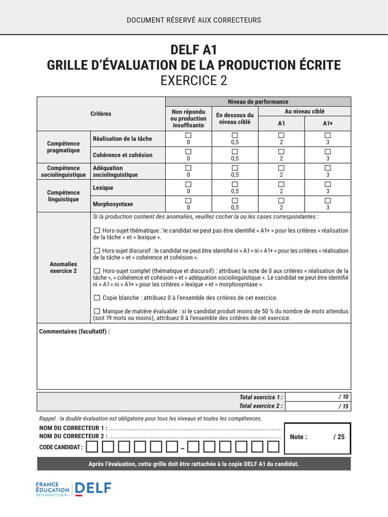 Grille d'évaluation DELF A1 Production écrite | PDF | Phrase | Sujet ...