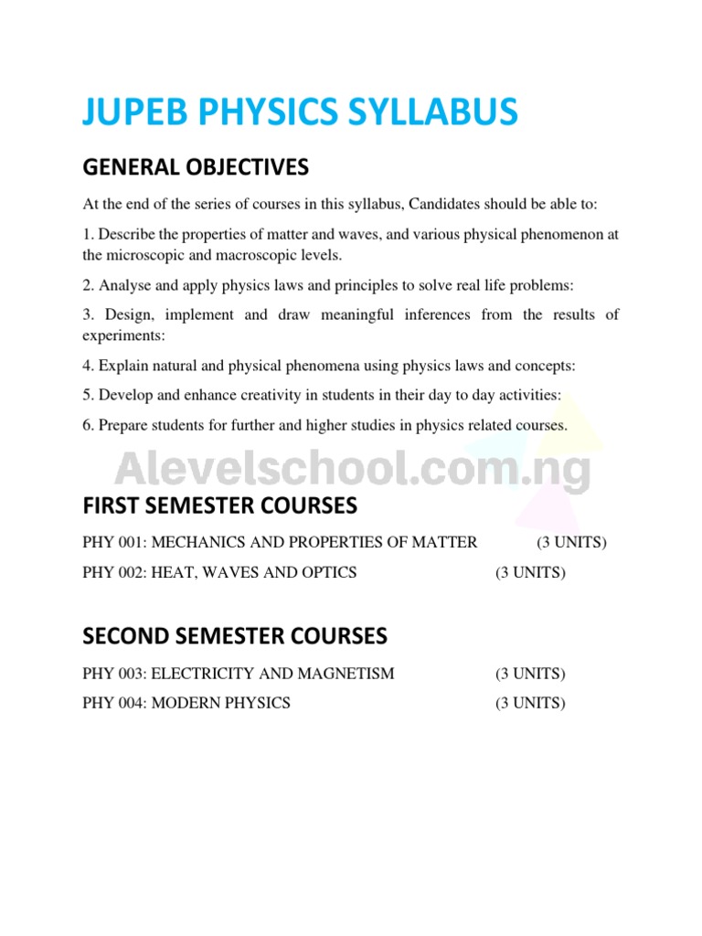 JUPEB Physics Syllabus Overview | PDF | Gases | Atoms