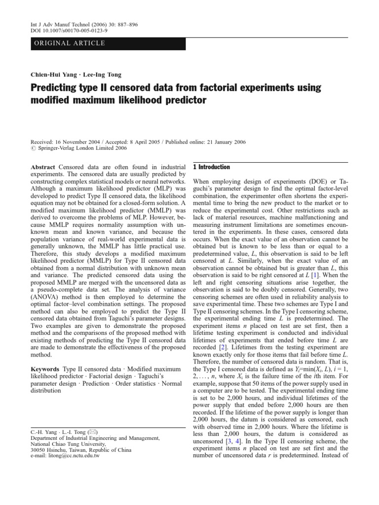 Predicting Type II Censored Data From Factorial Experiments Using Modified Maximum Likelihood ...