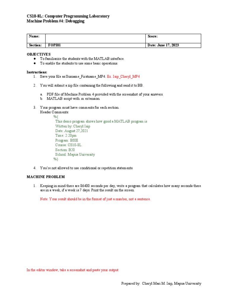 CS10-8L: Computer Programming Laboratory Machine Problem #4: Debugging | PDF | Career & Growth ...