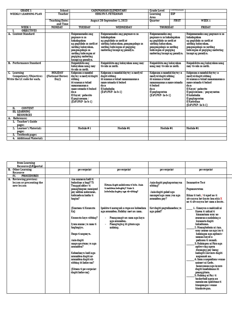 DLL Grade 1 Week 1 | PDF