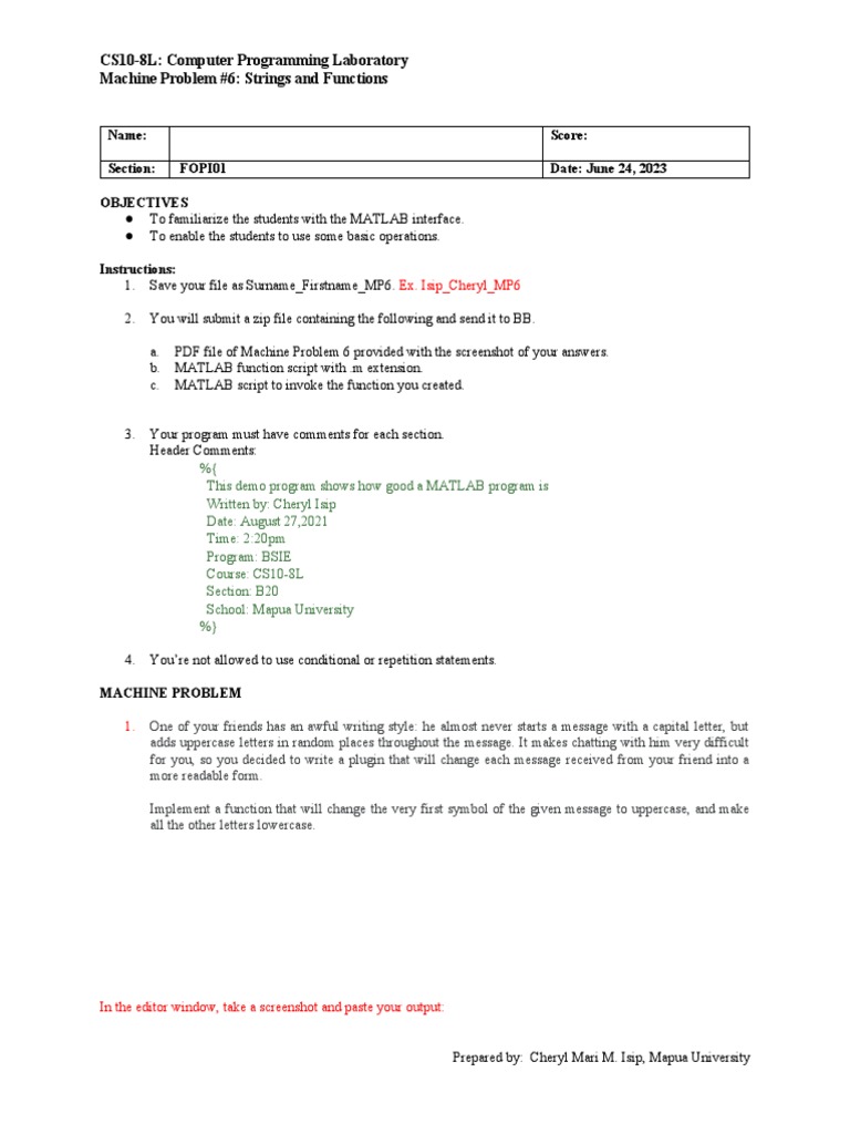 Cs10 8l Computer Programming Laboratory Machine Problem 6 Strings And Functions Pdf