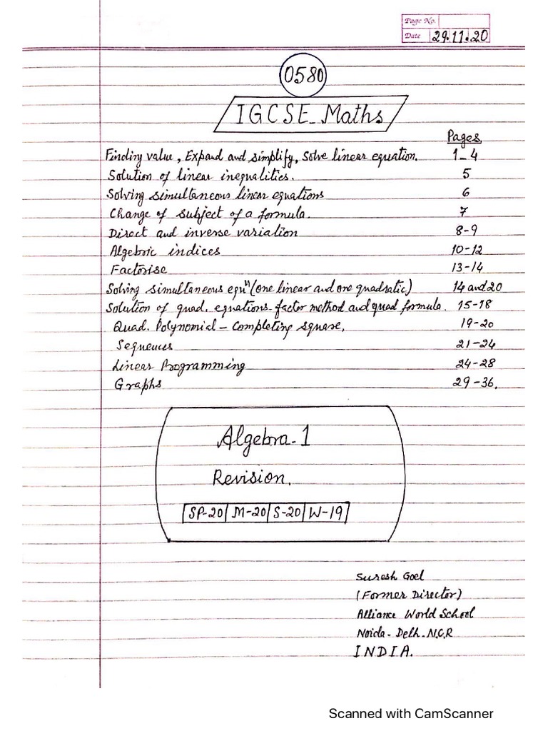Ig 0580 Algebra 1 Revision 1 | PDF