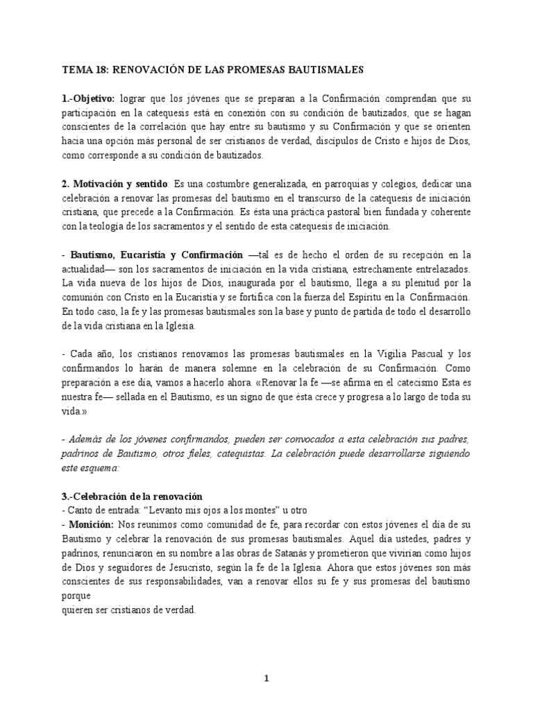 TEMA 18 Renovación de Las Promesas Bautismales | PDF | Confirmación | Bautismo