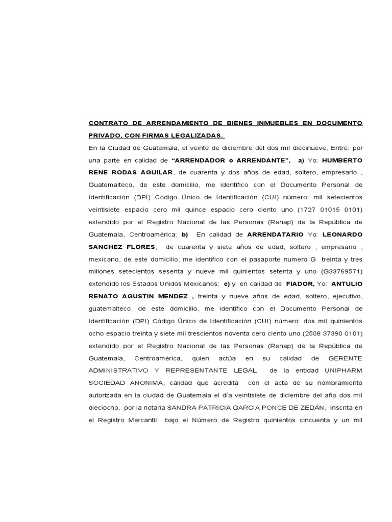 Contrato de arrendamiento Humberto Rodas y Leonardo Sanchez | PDF ...