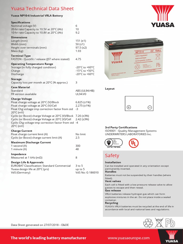 Yuasa NP10-6 | PDF | Energy Technology | Electrical Engineering