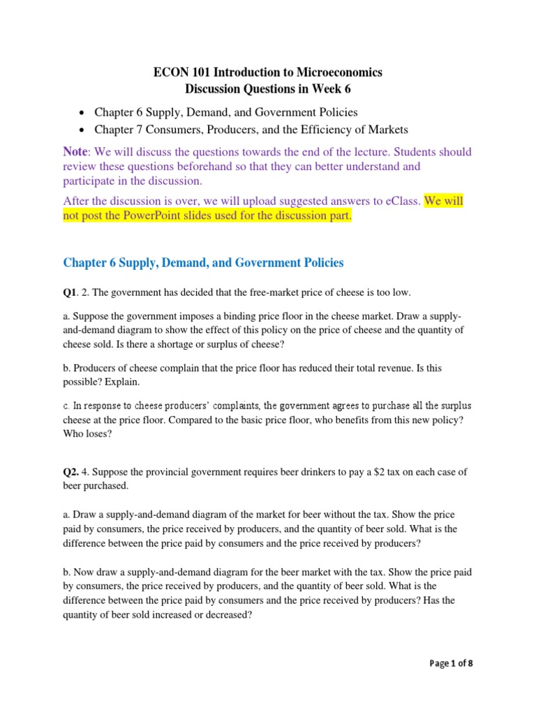 ECON 101 Discussions Q and A (W6) 2023 (CH 6 Supply, and CH 7 Consumers ...