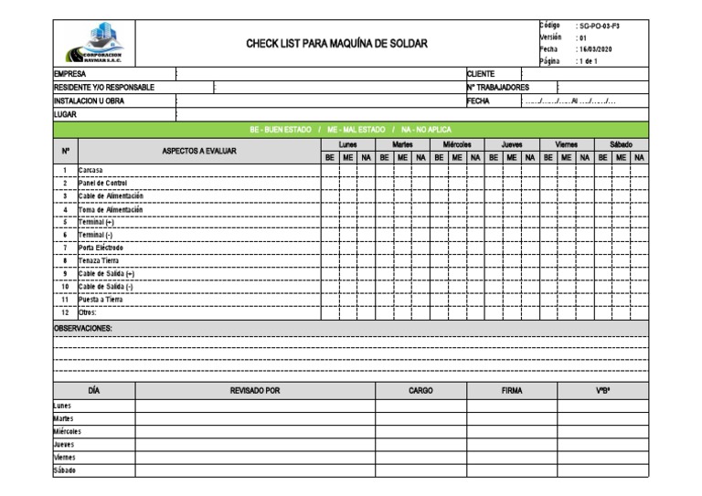 SG-PO-03-F3 Check List para Máquina de Soldar | PDF