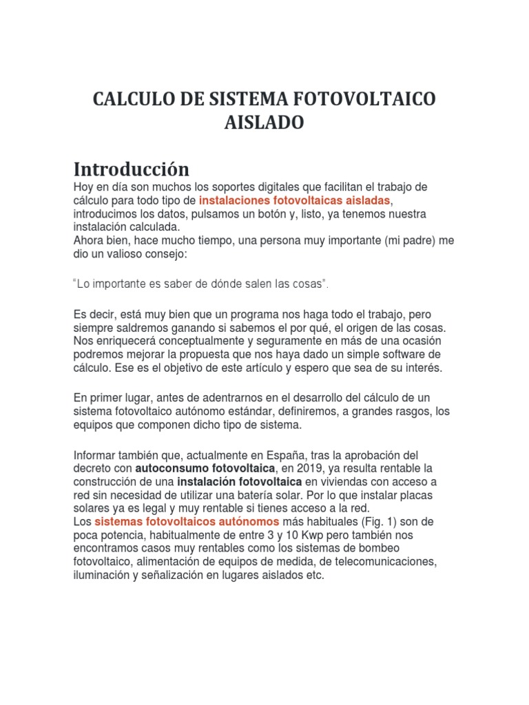 Cálculo de Sistemas Fotovoltaicos Autónomos | PDF