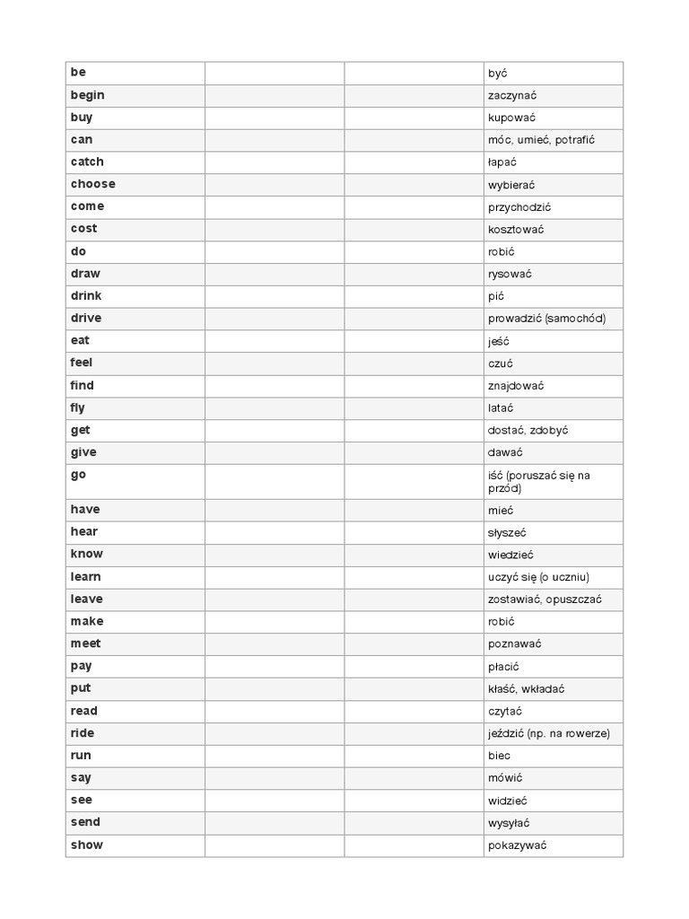 Czasowniki Nieregularne A1 | PDF