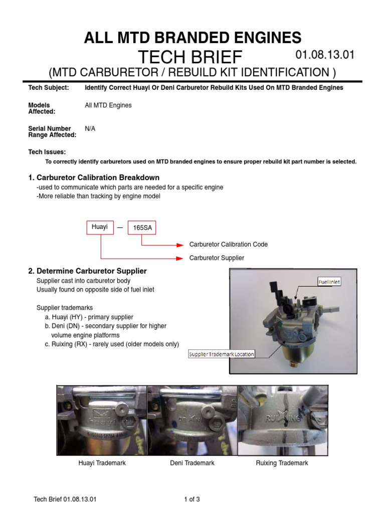 MTD Carburetor Rebuild Kit Identification | PDF