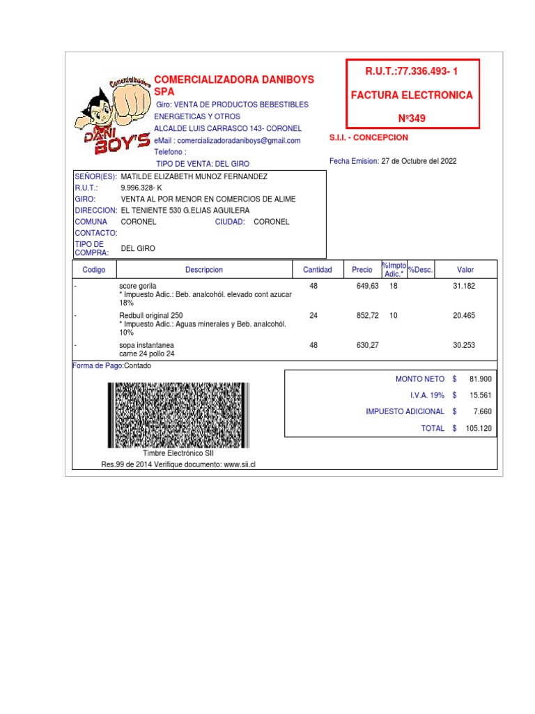 Comercializadora Daniboys SPA R.U.T.:77.336.493-1 Factura Electronica Nº349 | PDF