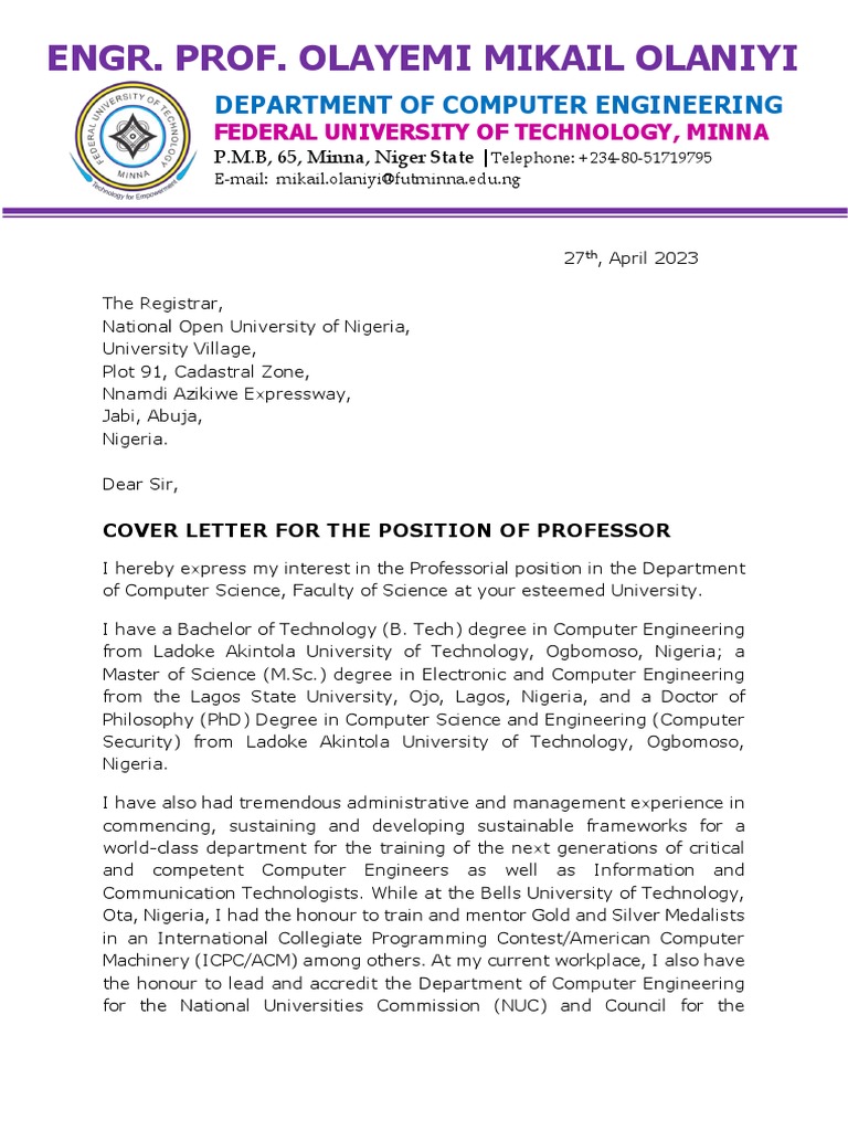 Olaniyi - PHD - NOUN Cover Letter Update - Registrar Version | PDF | Academic Degree | Nigeria