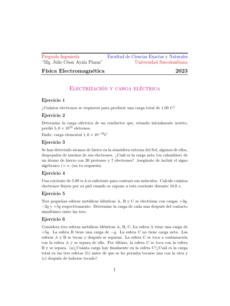 Ejercicios de Física Electromagnética | PDF | Electrón | Fuerza