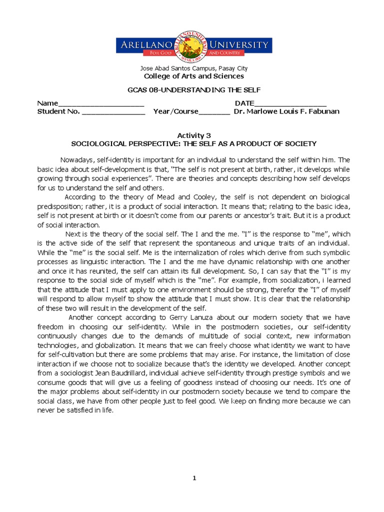 Activity-3-SOCIOLOGICAL-PERSPECTIVE-THE-SELF-AS-A-PRODUCT-OF-SOCIETY | PDF | Self Concept ...