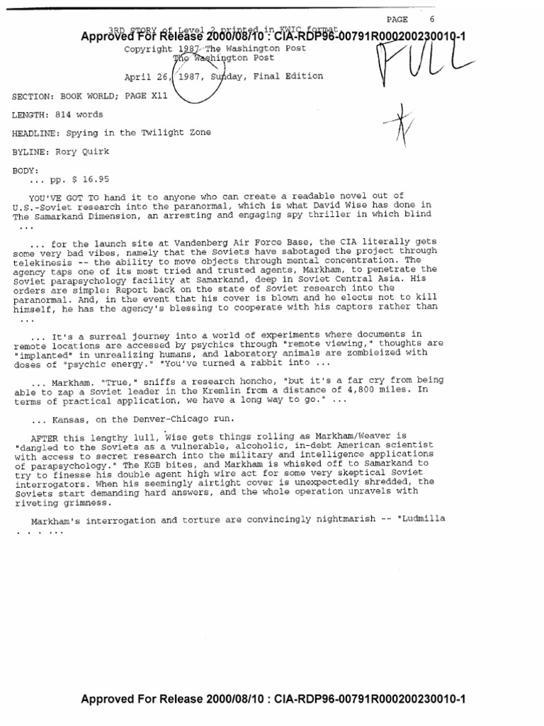 Washington Post Article From Data Base Search. 'Spying in The Twilight ...