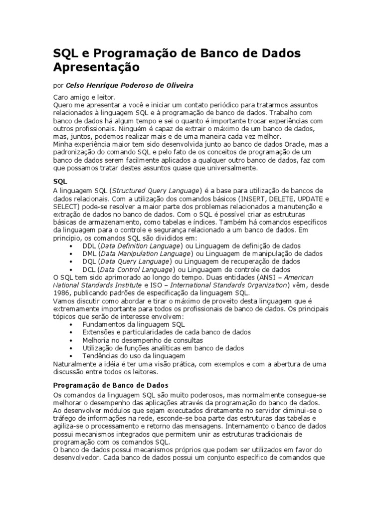 Sql-E-Programacao-De-Banco-De-Dados Pedrito | PDF | SQL | Informática