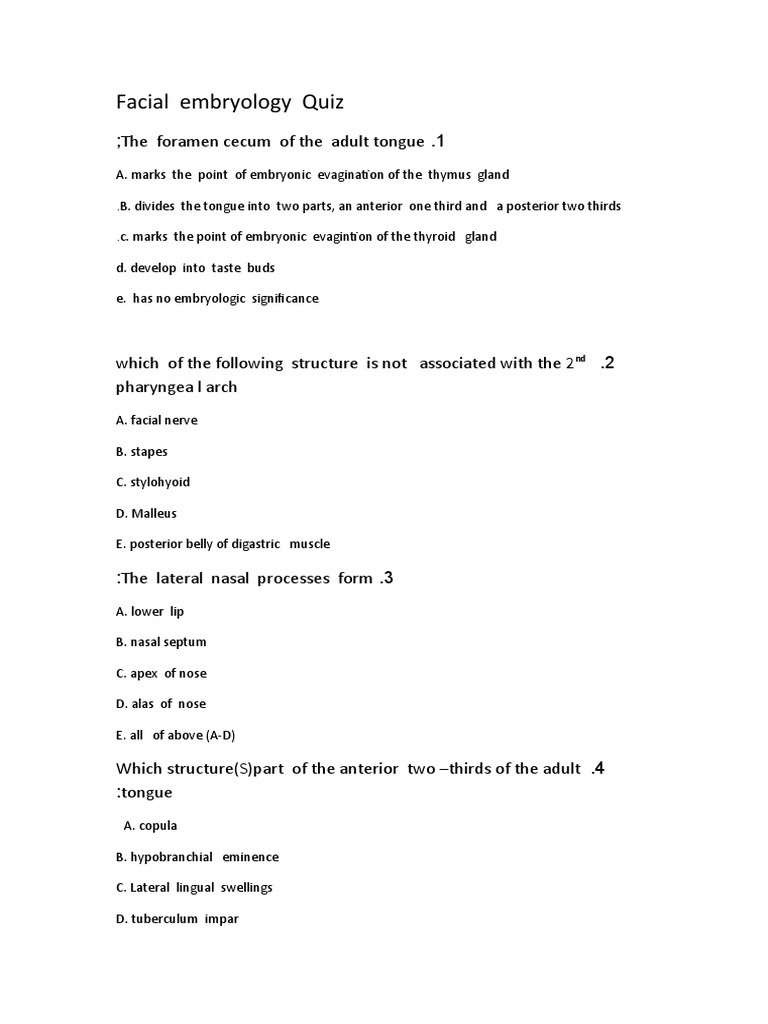 Facial Embryology Quiz 2 | PDF