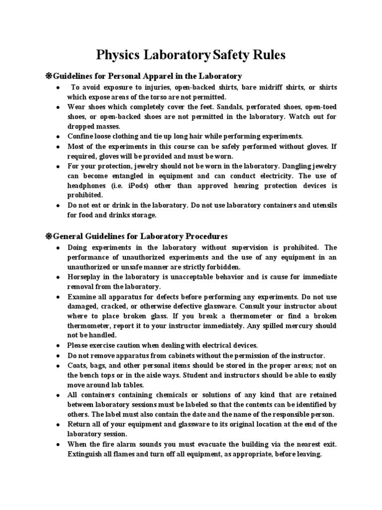 Physics Laboratory Safety Guidelines | PDF