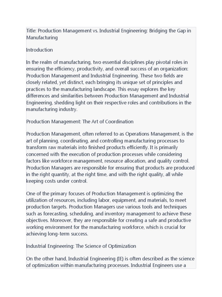 Production Management Vs Industrial Engineering Bridging The Gap in ...
