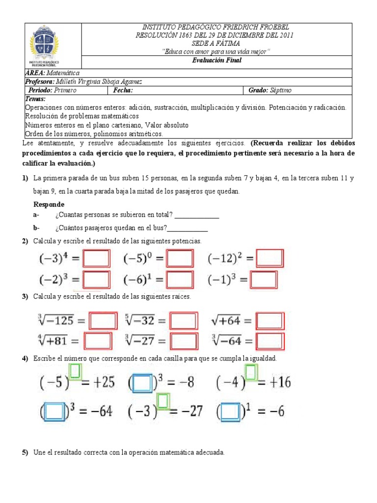 Evaluación Matemática Séptimo Grado | PDF | Métodos y materiales de ...