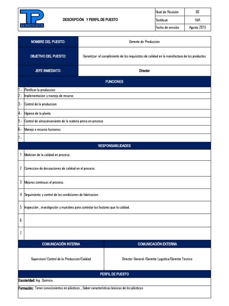 Descripcion y Perfil Del Puesto Gerente de Produccion | PDF