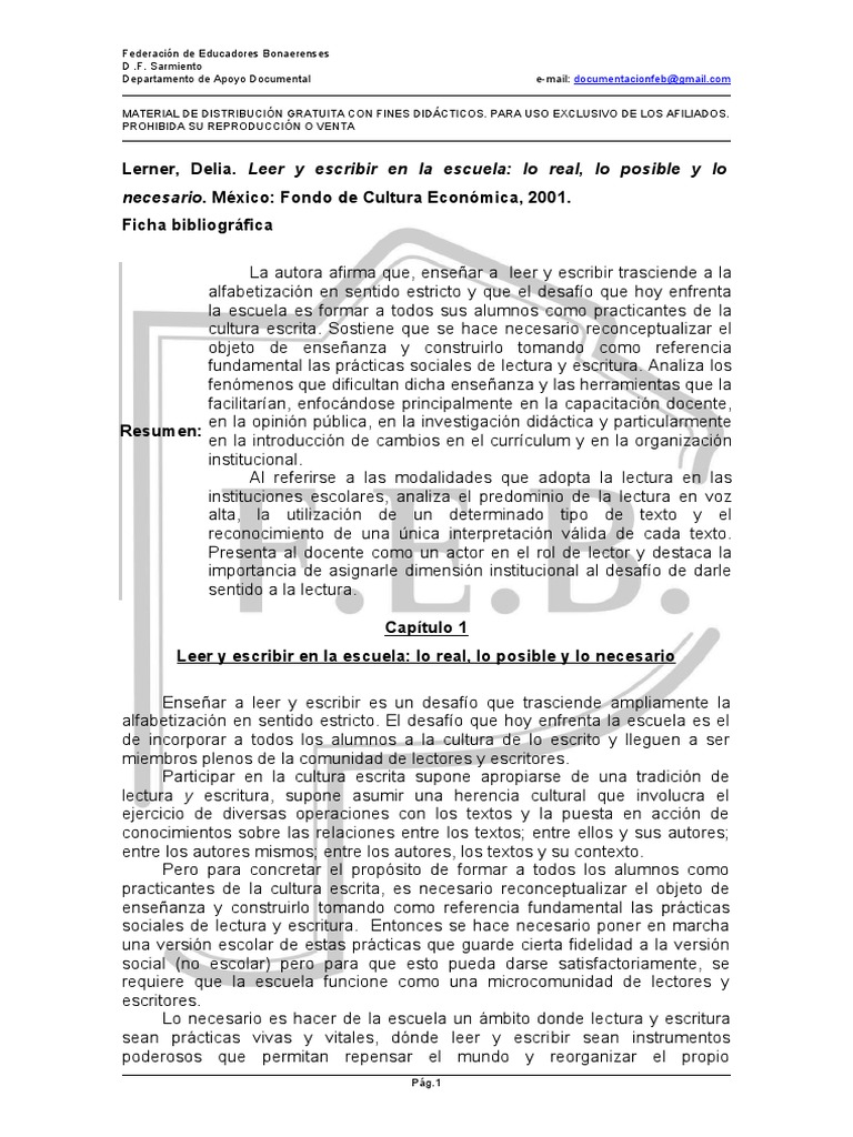 Lerner Leer y Escribir en La Escuela Lo Real Lo Posible y Lo Necesario | PDF | Enseñando | Plan ...