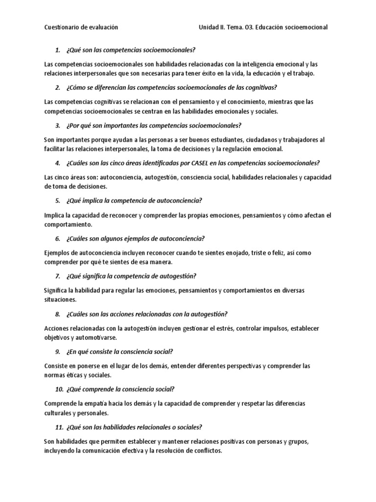 Cuestionario Tema. 03. Educacion Socioemocional | PDF | Mediación | Las ...