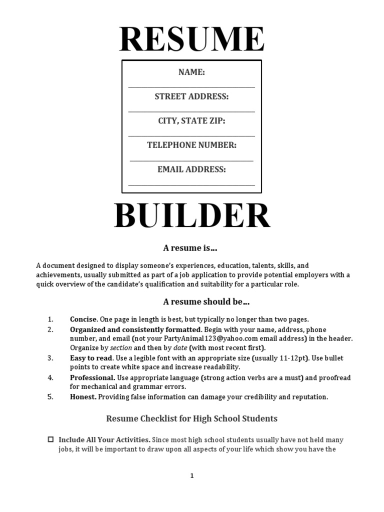 Student Resume Builder Graphic Organizer | PDF