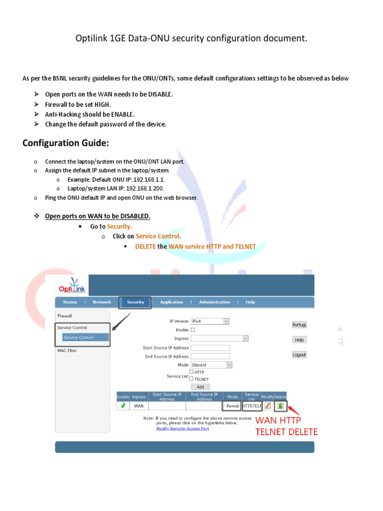 BSNL Security Guideline Optilink FTTH ONT 1GE Data ONU | PDF | Computers