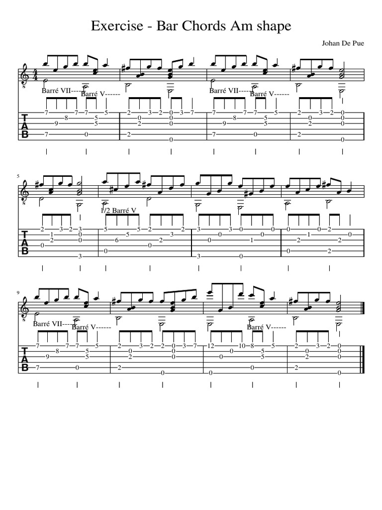 Exercise - Bar - Chords - Am - Shape (Guitar) | PDF