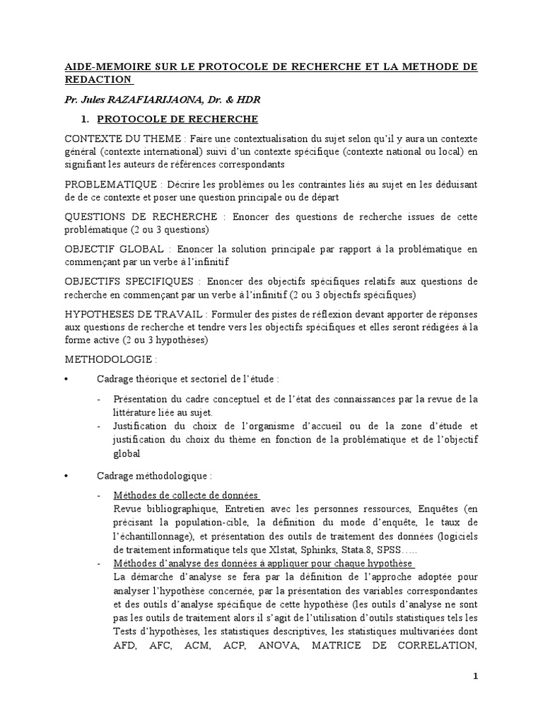 Aide Memoire Pour La Redaction Dun Protocole de Recherche - Et Pour La Redaction de Memoire ...