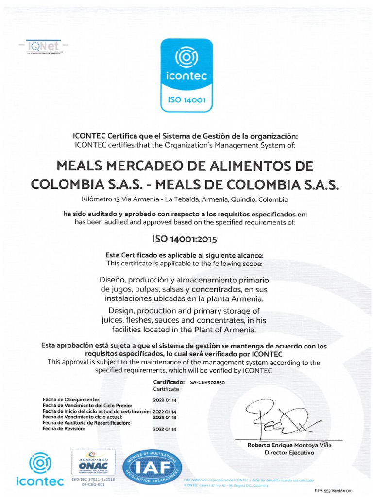 Meals de Colombia Sas 14001 Arm | PDF