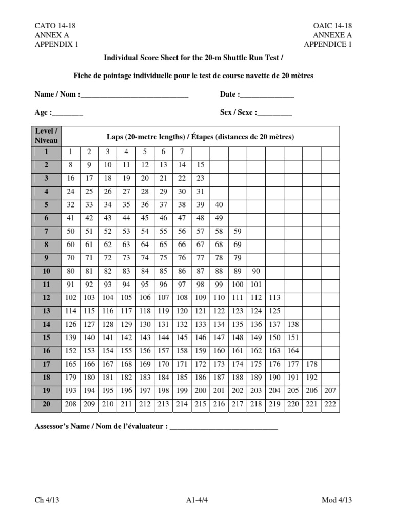 CATO 14 18 Annex A1 20 M Shuttle Run Test Score Sheet | PDF