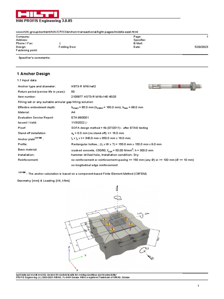 1 Anchor Design: Hilti PROFIS Engineering 3.0.85 | PDF