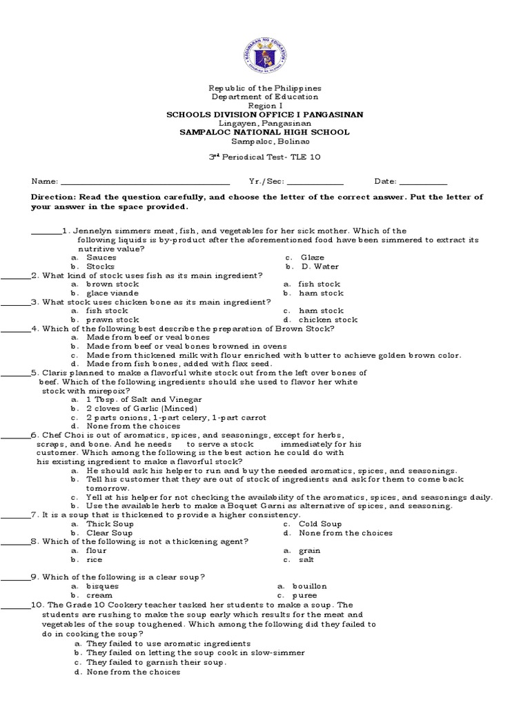 10 TLE 3rd Test Items PDF Stock Food Soup